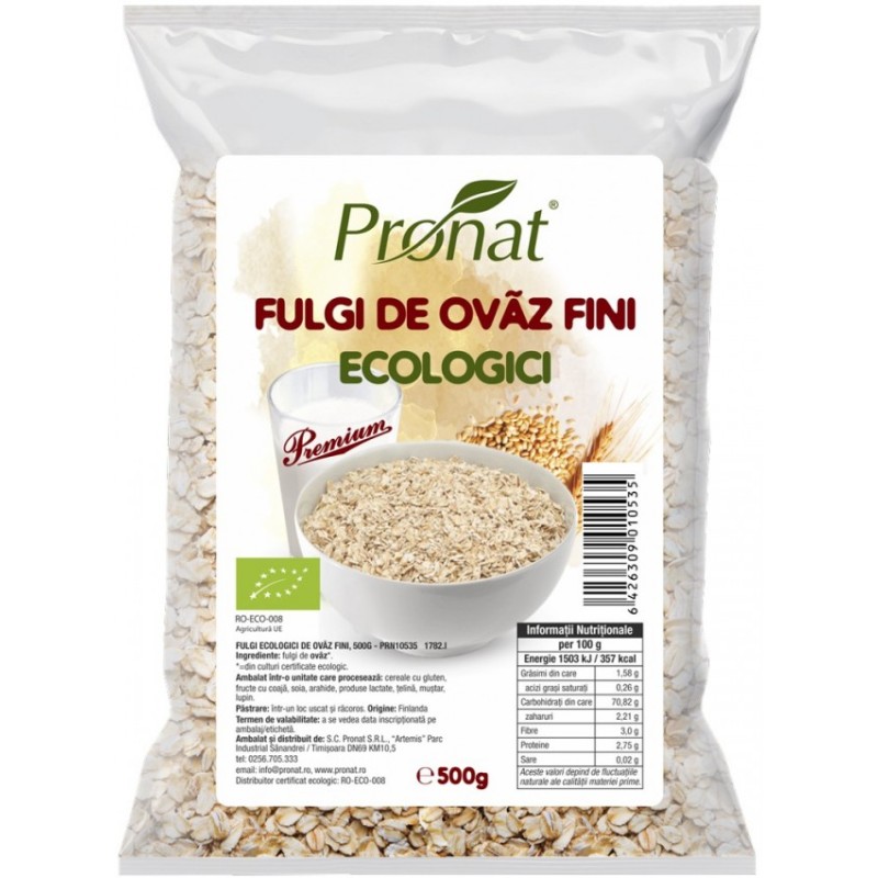 Fulgi bio de ovaz fini, 500g - Pronat Foil Pack - Biomag.ro